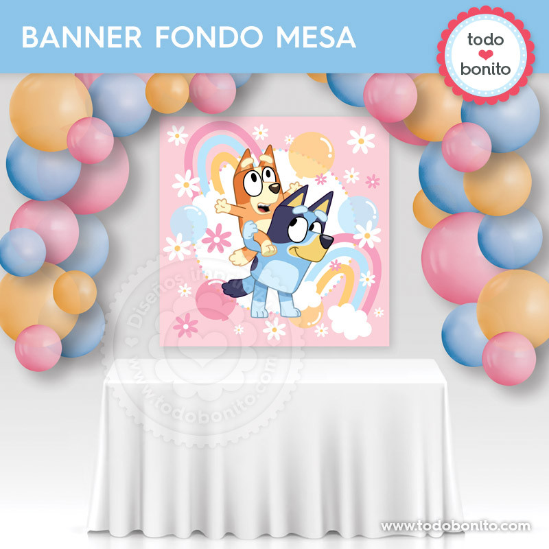Banner fondo de mesa Bluey y Bingo rosa y azul imprimible