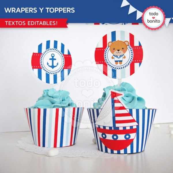 Osito Marinero: wrappers y toppers para cupcakes