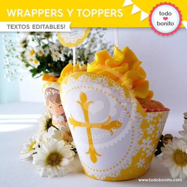 Comunión margaritas amarillo: wrappers y toppers