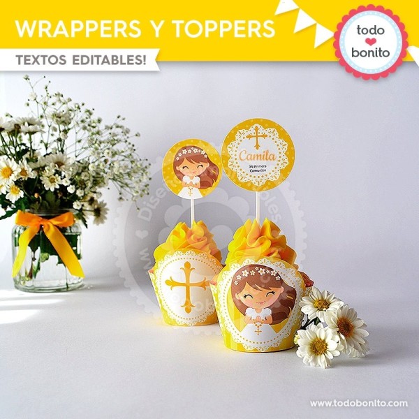 Comunión margaritas amarillo: wrappers y toppers