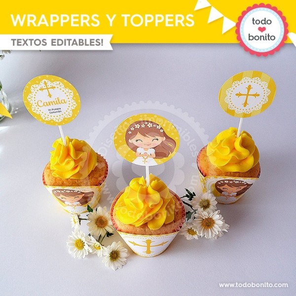 Comunión margaritas amarillo: wrappers y toppers