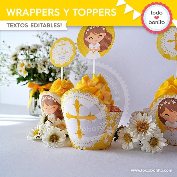 Comunión margaritas amarillo: wrappers y toppers