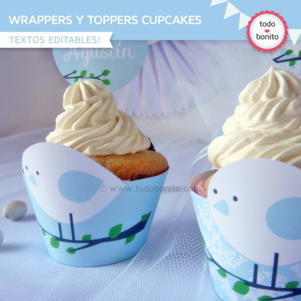 Pajarito celeste: wrappers y toppers