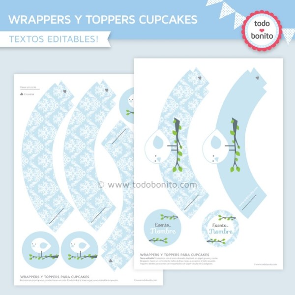 Pajarito celeste: wrappers y toppers