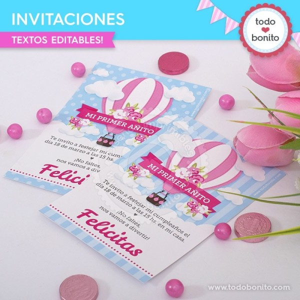 Globos aerostáticos rosa: invitación imprimible y digital