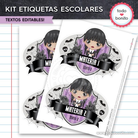 Merlina: Kit imprimible etiquetas escolares