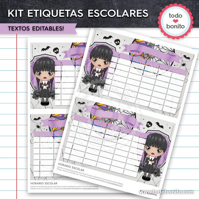 Merlina: Kit imprimible etiquetas escolares