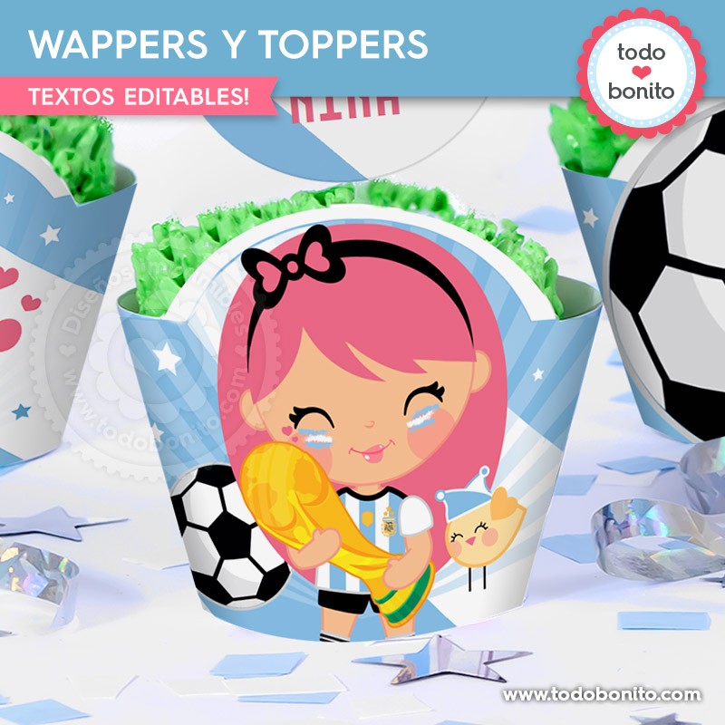 Nina Selección Argentina: wrappers y toppers para cupcakes