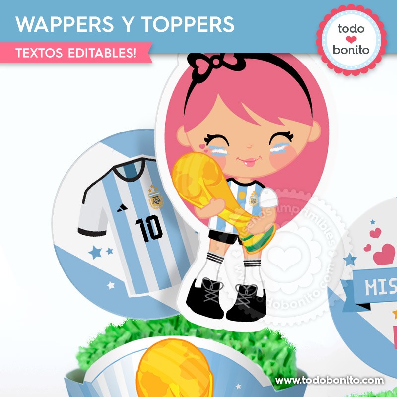 Nina Selección Argentina: wrappers y toppers para cupcakes