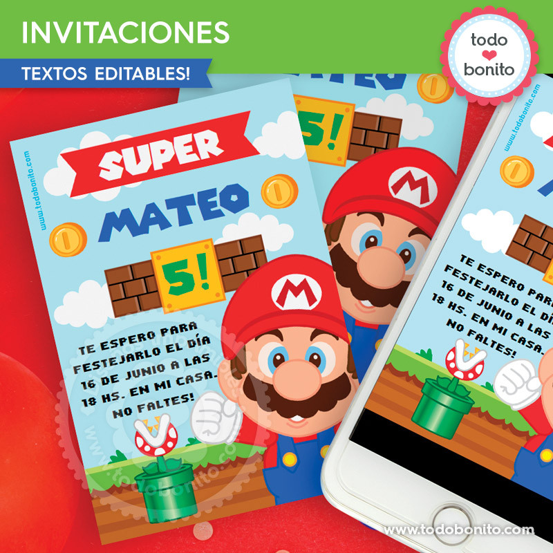 Super Mario Bros: invitación imprimible y digital
