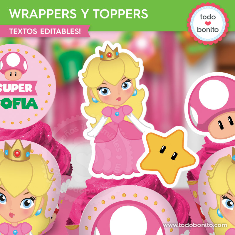 Princesa Peach: wrappers y toppers cupcakes