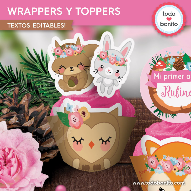 Animales del bosque rosa: wrappers y toppers cupcakes
