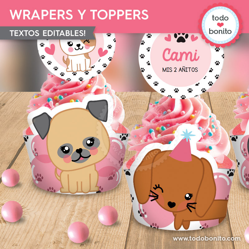 Perritos rosa: wrappers y toppers cupcakes