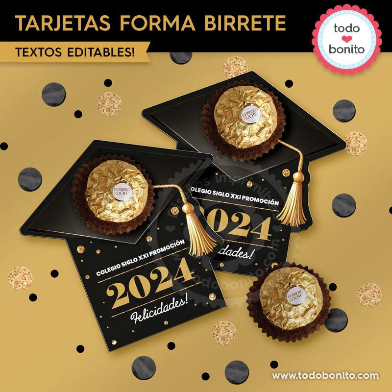 Tarjetas souvenir birrete graduación negro y dorado | Imprimible ...
