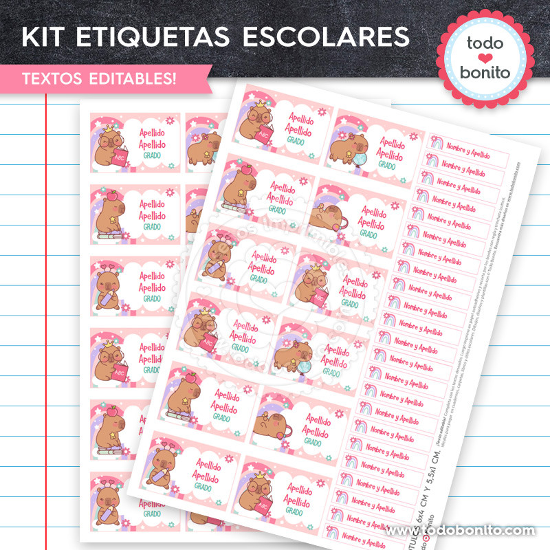 Capibara rosa: kit imprimible de etiquetas escolares personalizadas