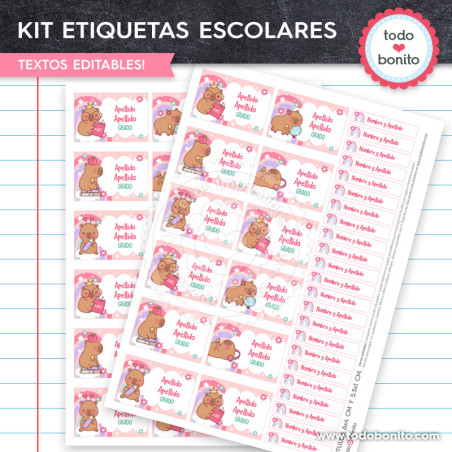 Capibara rosa: kit imprimible de etiquetas escolares personalizadas