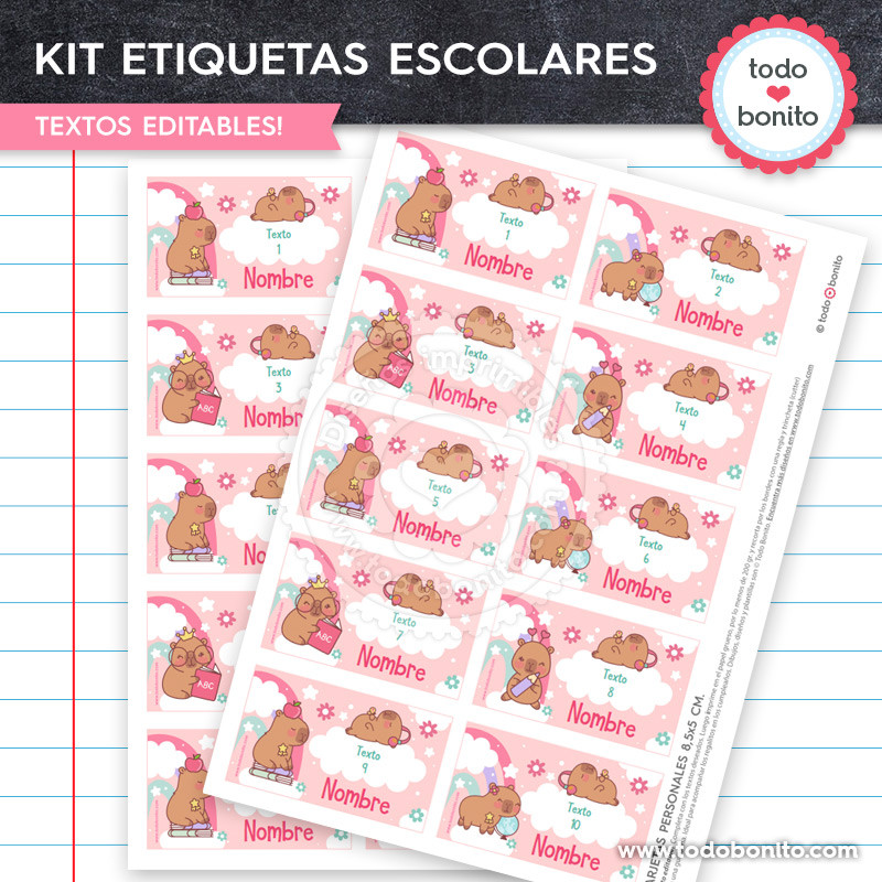 Capibara rosa: kit imprimible de etiquetas escolares personalizadas