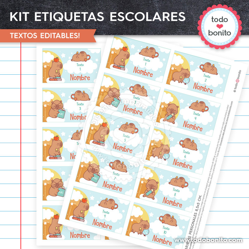 ETIQUETAS ESCOLARES EDITABLES capibara stickers para el colegio ...