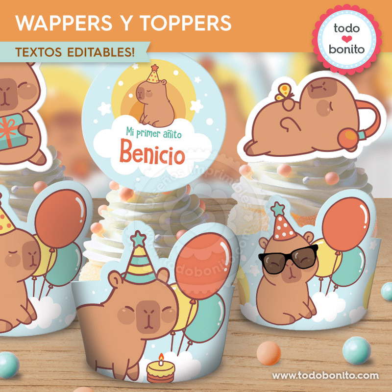 Capibara celeste: wrappers y toppers imprimibles para cupcakes