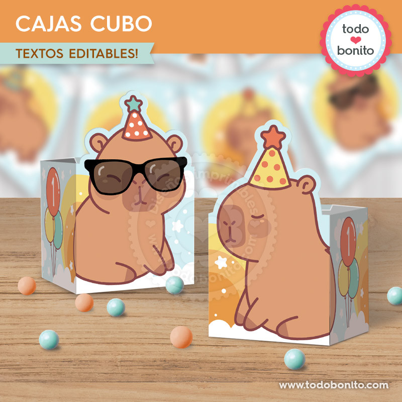 Capibara celeste: cajas cubo imprimibles para souvenirs y dulces